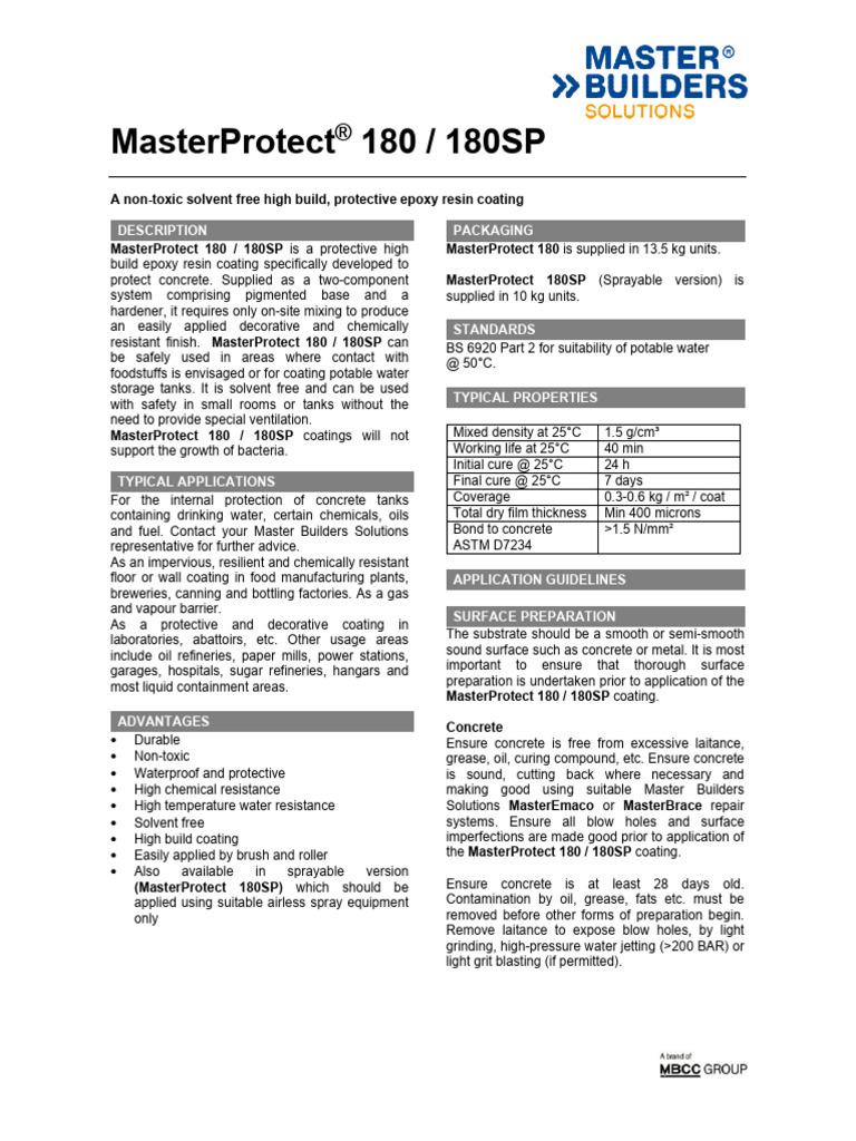 MasterProtect 180 - 180SP - TDS | PDF | Concrete | Coating
