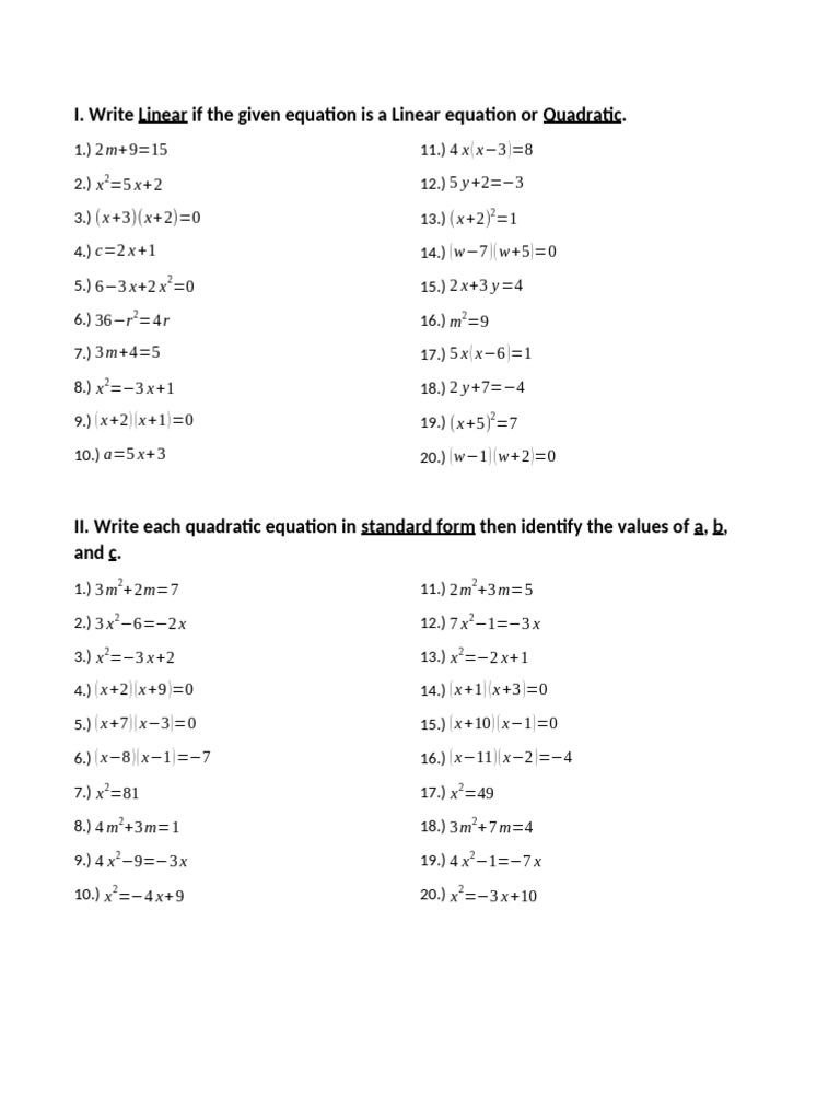 Math Quadratic Equations Worksheet | PDF | Elementary Mathematics ...