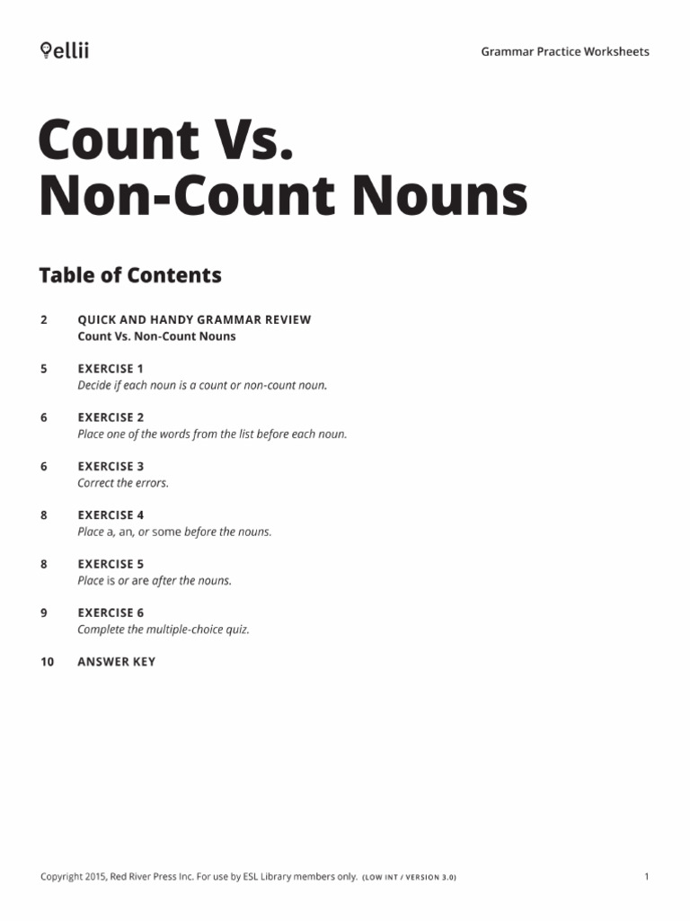 Count vs. Non Count Nouns - Ellii Formerly ESL Library | PDF