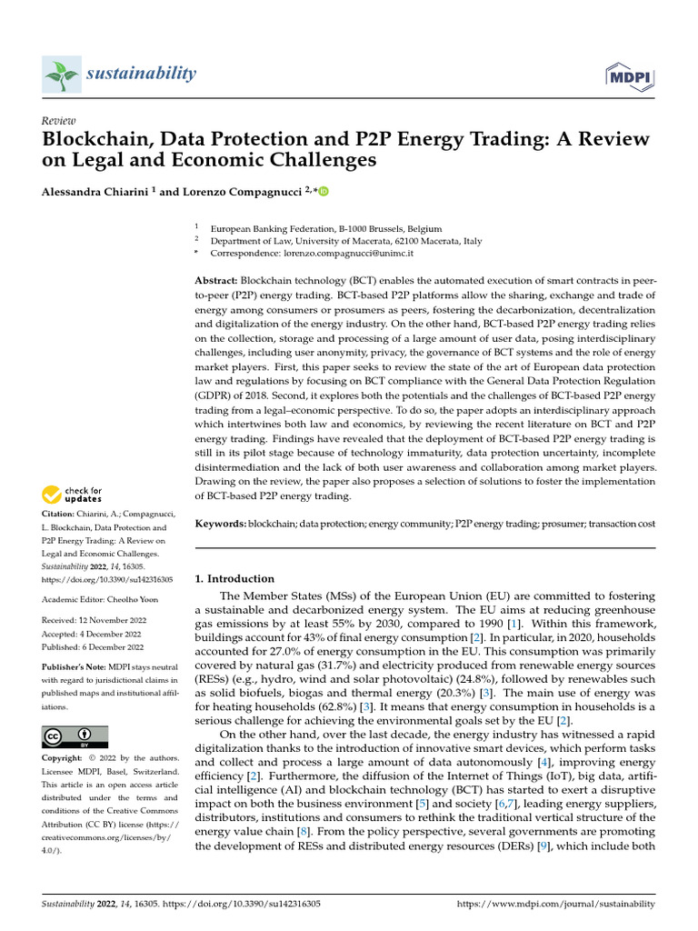 A. Chiarini - 2022 - Blockchain, Data Protection and P2P Energy Trading a Review on Legal and ...
