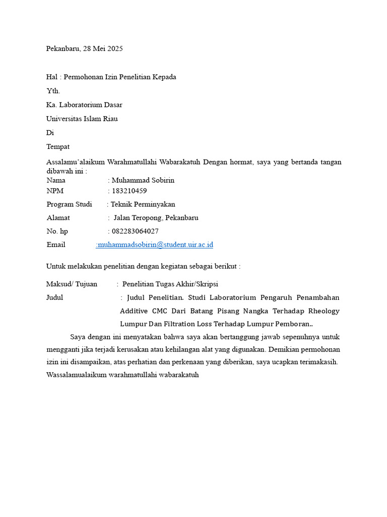 Surat Permohonan Penelitian #1 | PDF