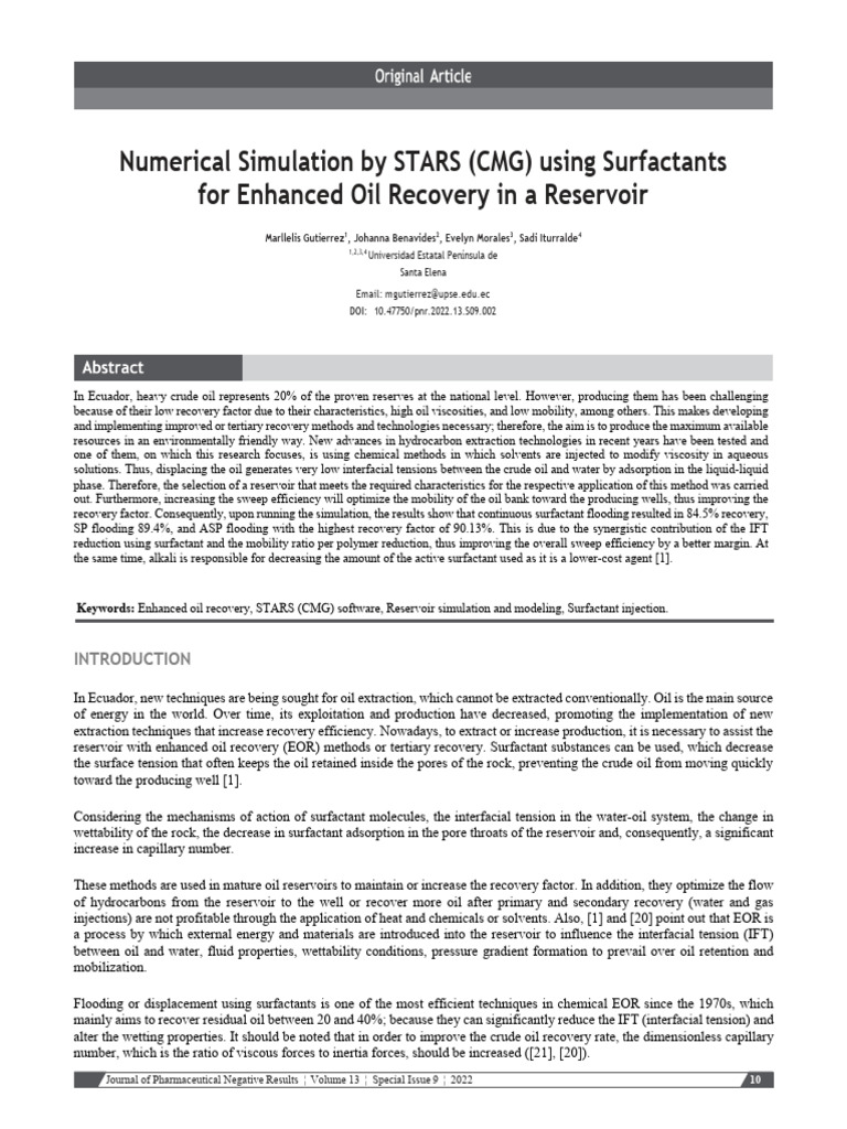 Numerical Simulation by STARS (CMG) Using Surfactants For Enhanced Oil Recovery in A Reservoir ...