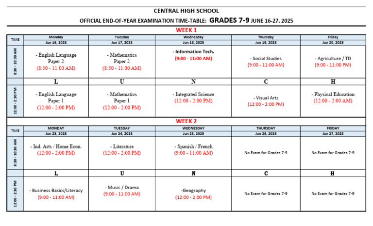 Grades 7-9 Eoy Exam Timetable | PDF