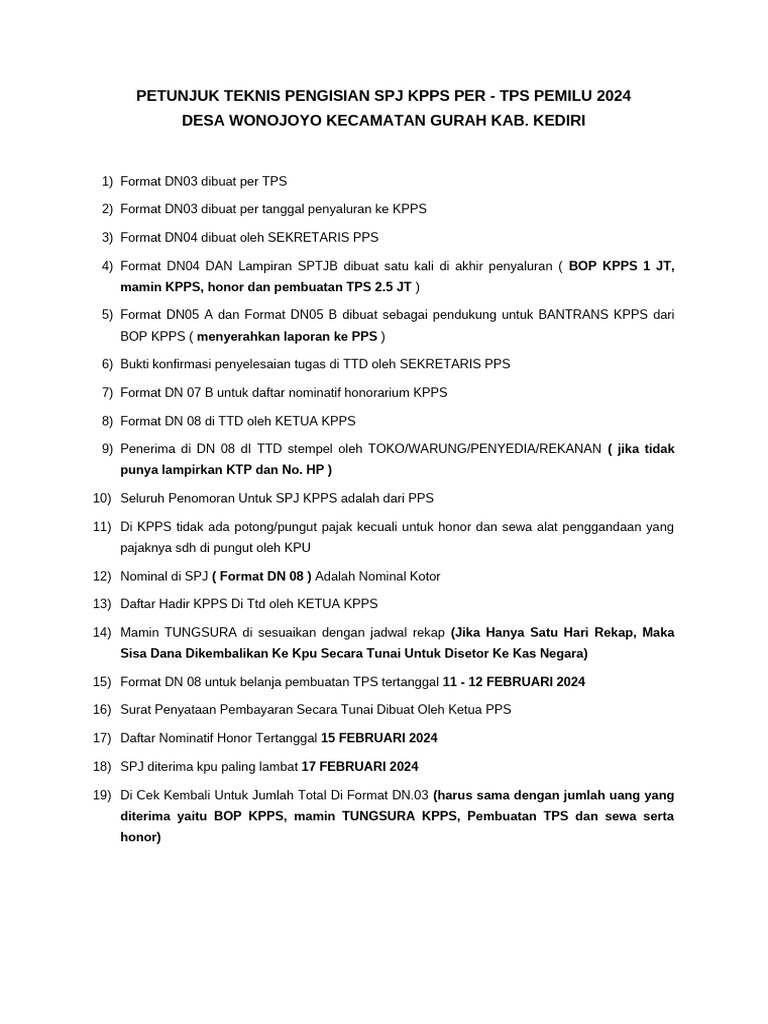 Petunjuk Teknis Pengisian SPJ Kpps Per-Tps | PDF