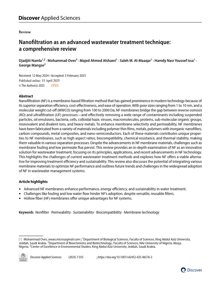 Nanofiltration as an Advanced Wastewater Treatment Technique a Comprehensive ReviewDiscover ...