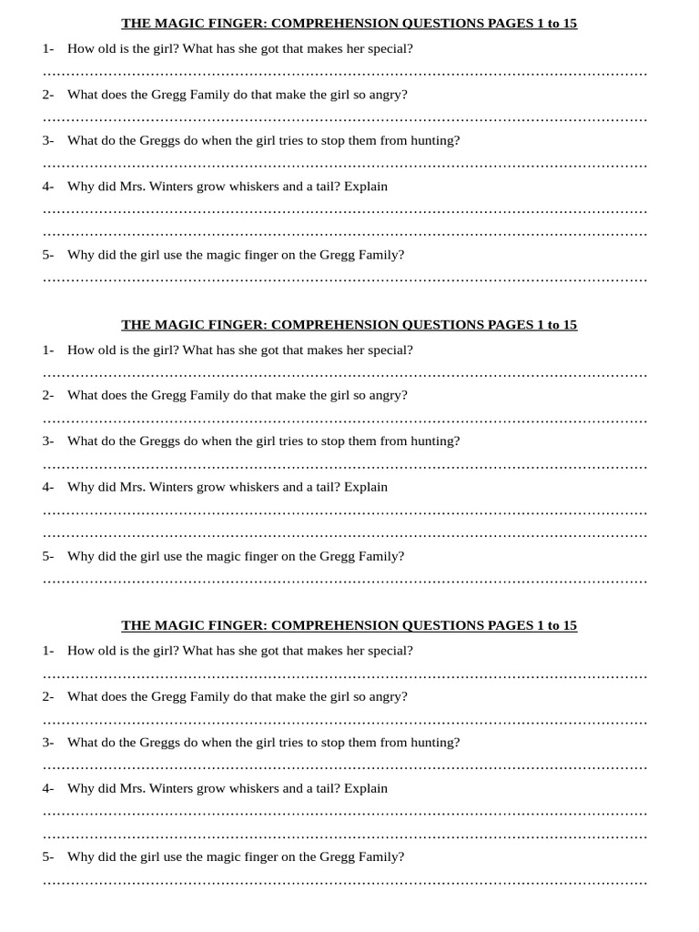 Magic Finger Comprehension Questions | PDF