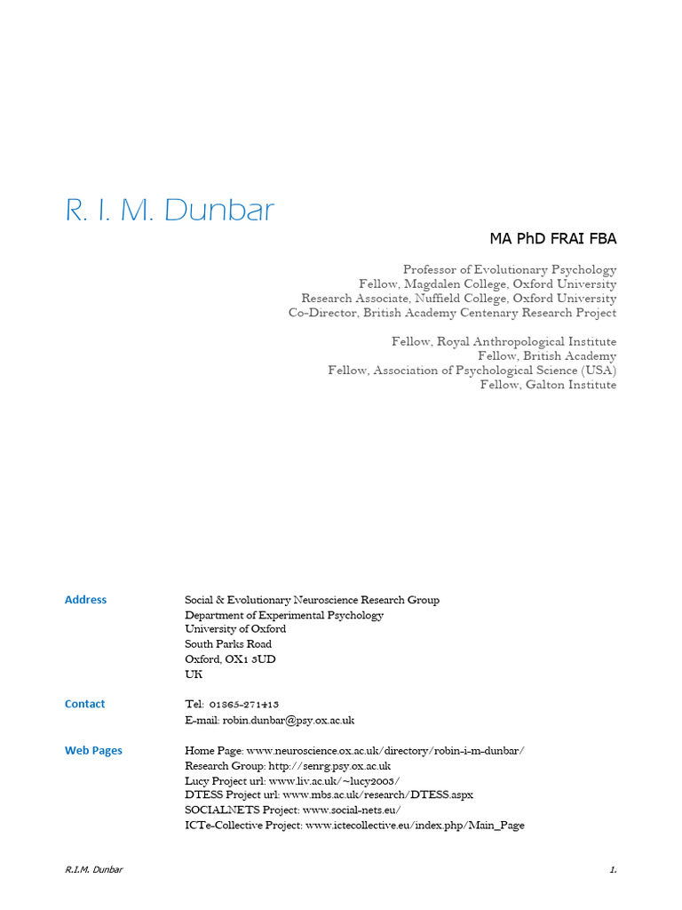 R Dunbar CV | PDF | Psychology | Anthropology