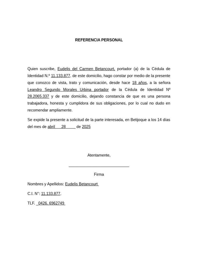 Referencia Personal de Eudelis La Negra Leandro | PDF