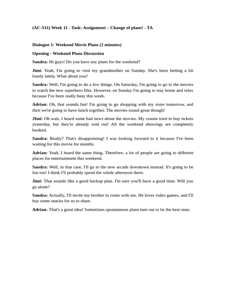 Week 11 - Task Assignment - Change of Plans! - TA | PDF