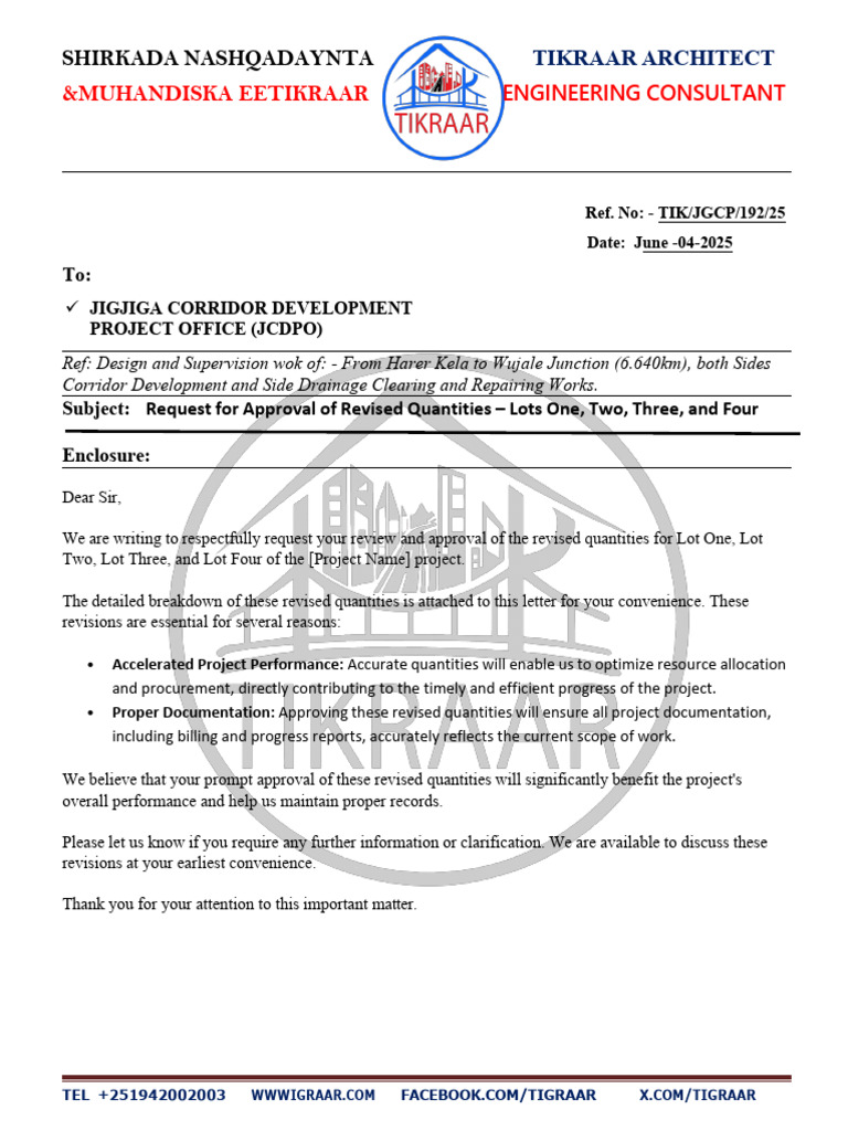 Request For Approval of Revised Quantities - Lots One, Two, Three, and ...