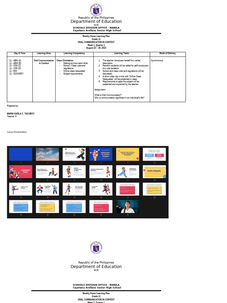 Oral Comm - Week 1, Quarter 1 | PDF | Communication | Learning