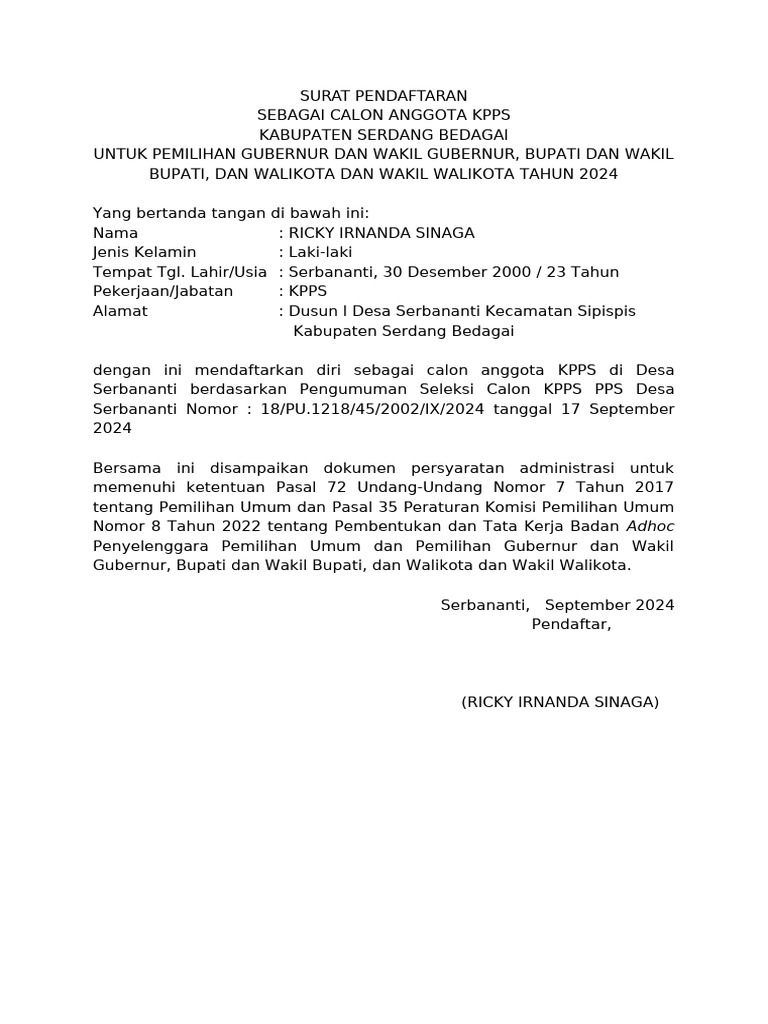 00 Surat Pendaftaran Kpps | PDF