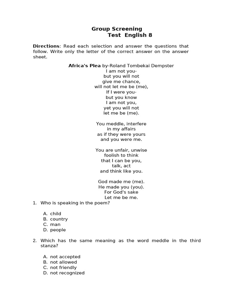 Grade 8 English Group Screening Test | PDF | Deforestation | Natural ...