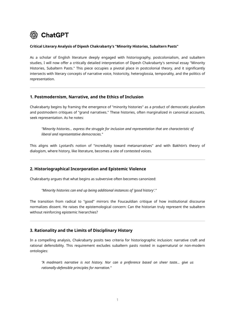 Minority Histories Analysis | PDF | Postmodernism | Postcolonialism