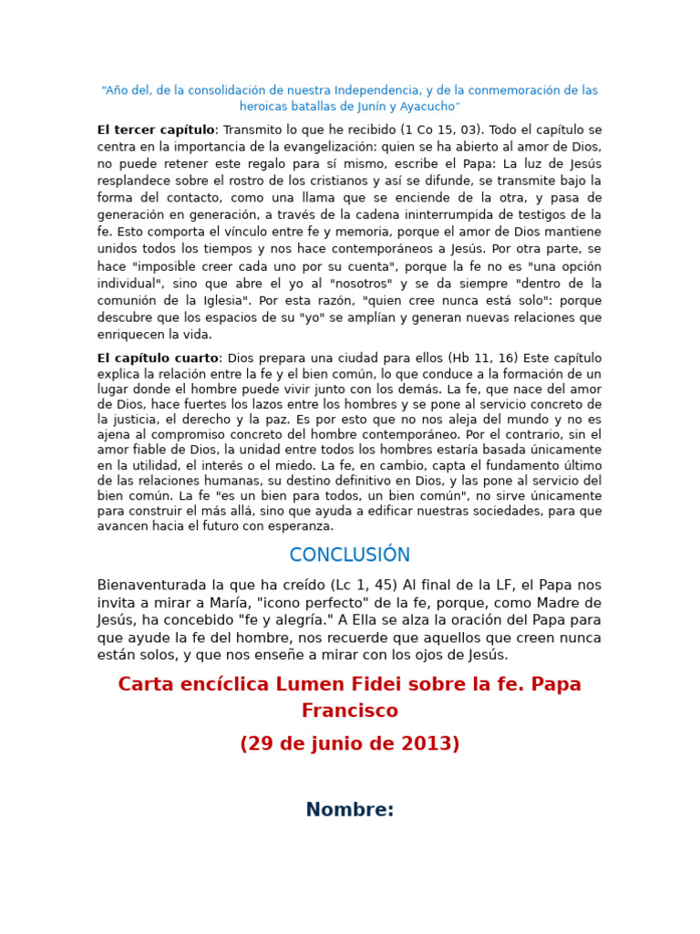 Carta Encíclica Lumen Fidei Sobre La Fe. Papa Francisco | PDF