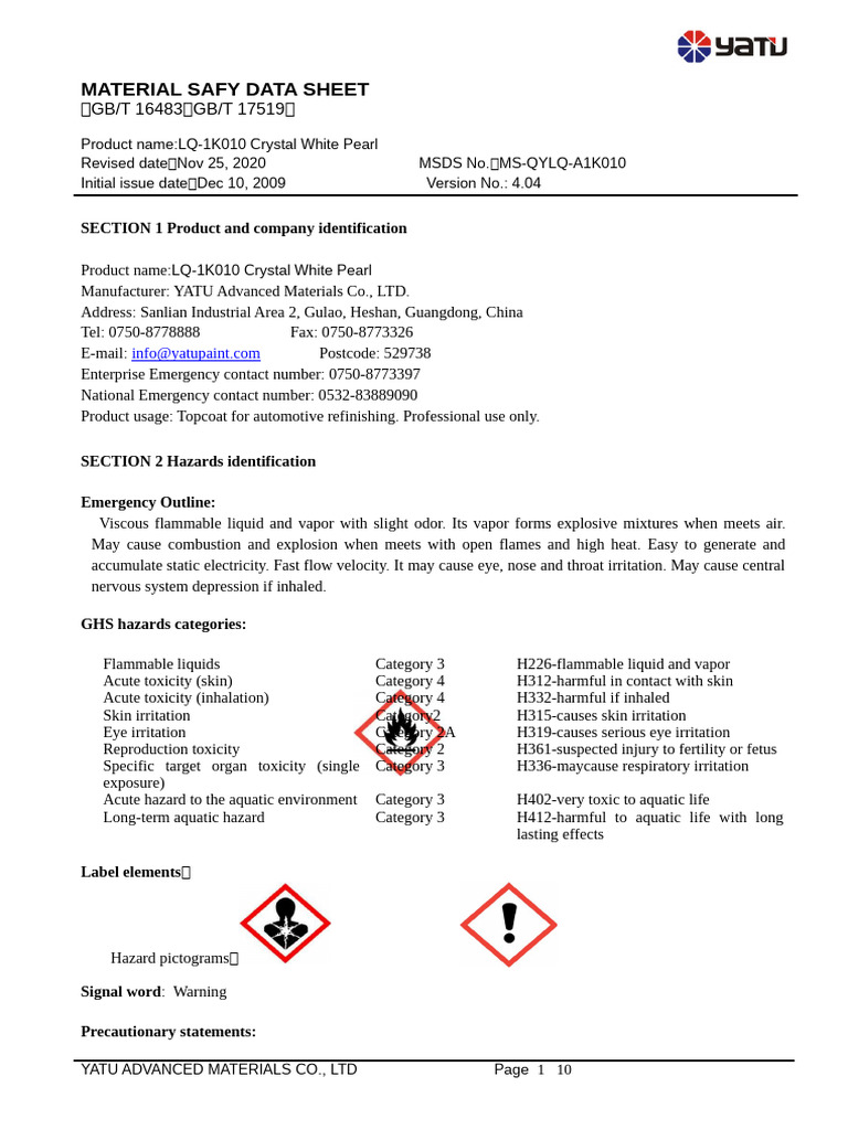 LQ 1K010 Crystal White Pearl | PDF | Dangerous Goods | Occupational ...