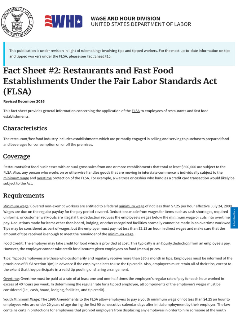 Fact Sheet #2 - Restaurants and Fast Food Establishments Under The Fair ...