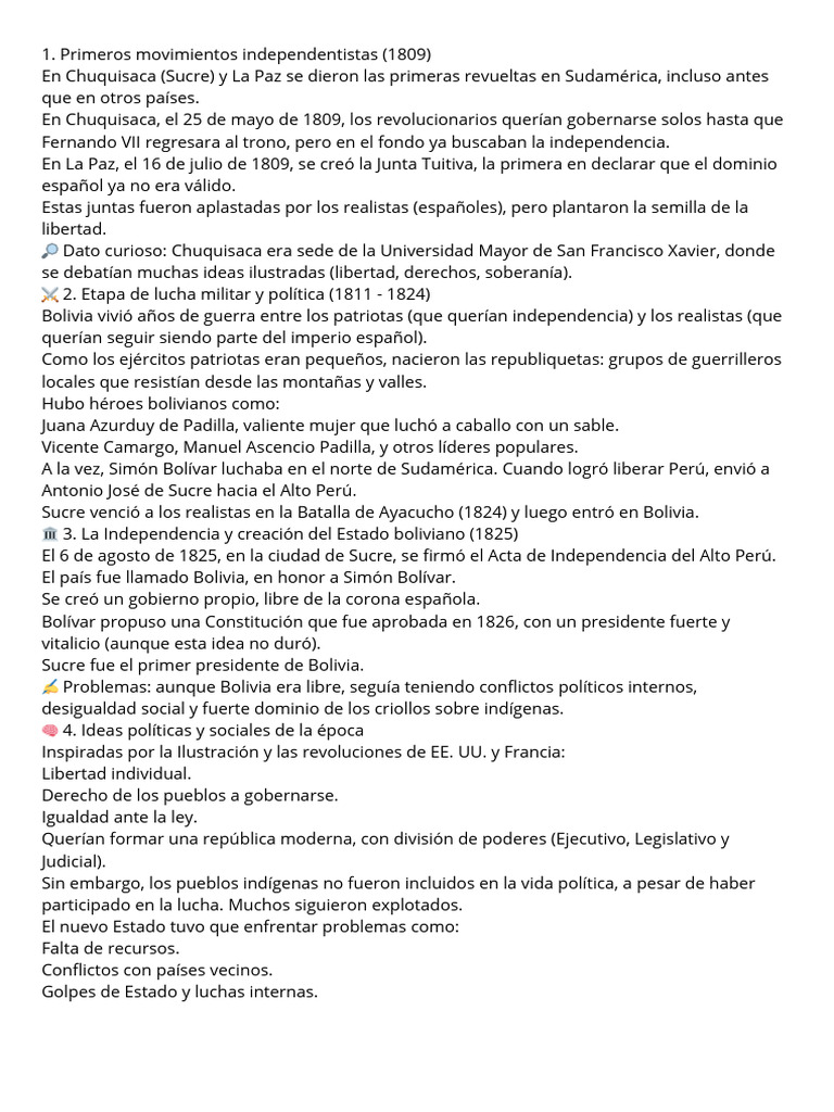 Primeros Movimientos Independentistas (1809) en Chuquisaca (Sucre) y La ...