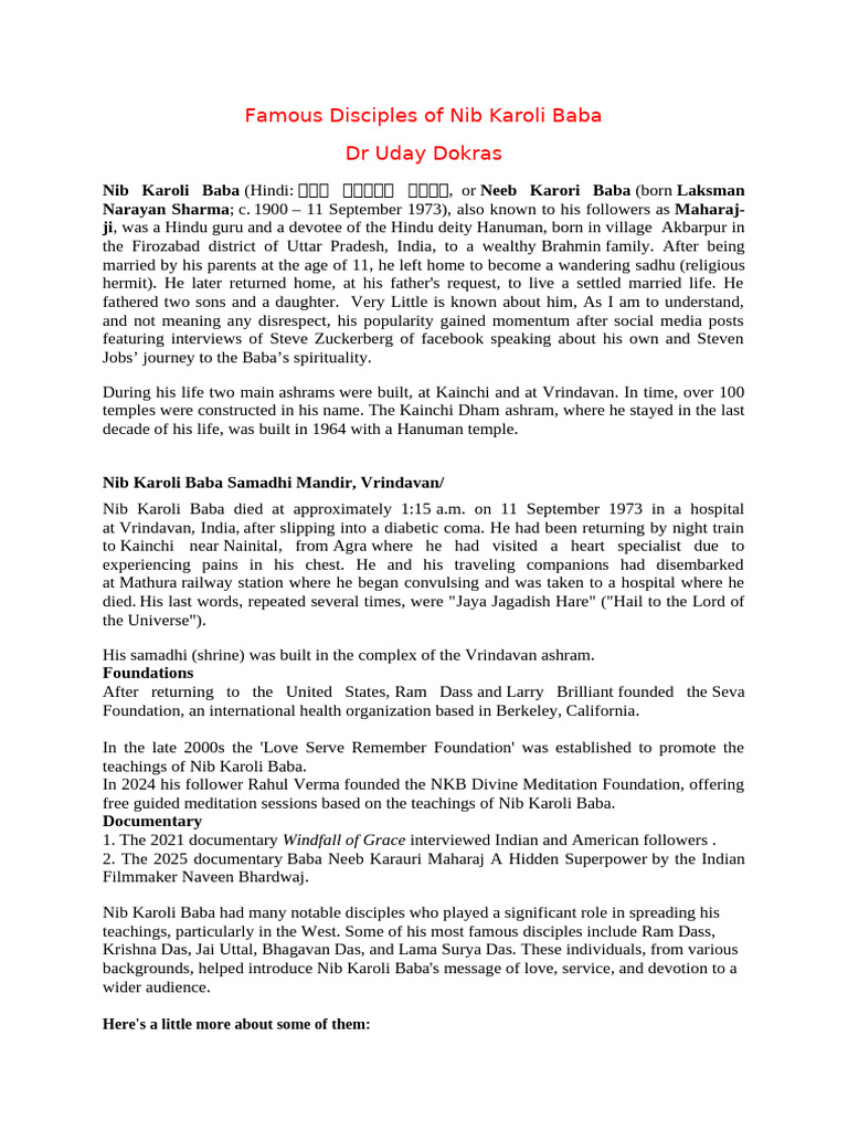 Famous Disciples of Nib Karoli Baba | PDF | Spirituality