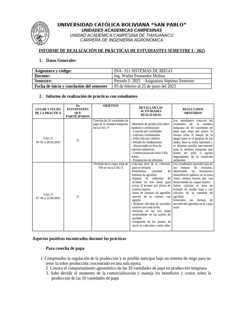 Informe de Practica de Campo Sistemas de Riego I-2025 | PDF | Agricultura