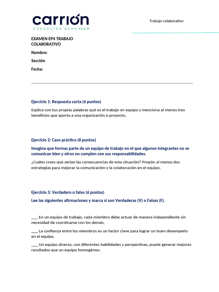 Examen Ep4 Trabajo Colaborativo Nombre: Sección Fecha | PDF