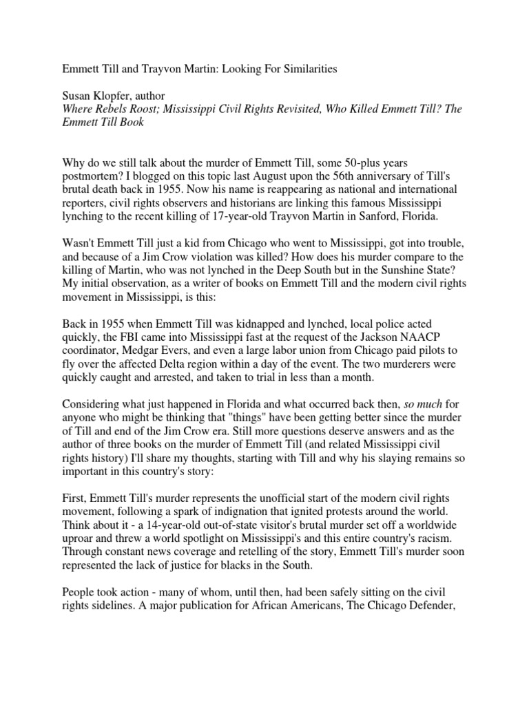 Emmett Till and Trayvon Martin Looking For Similarities | PDF ...