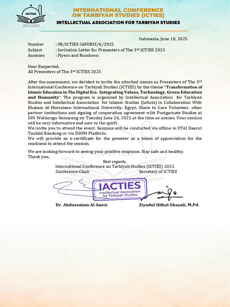 Invation Letter For Presenters of ICTIES 2025-1 | PDF
