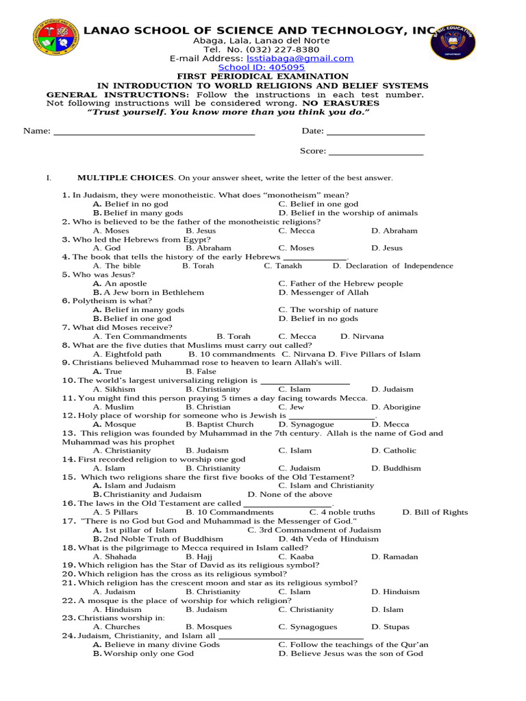 Exam Introduction To World Religions and Belief Systems - Compress ...