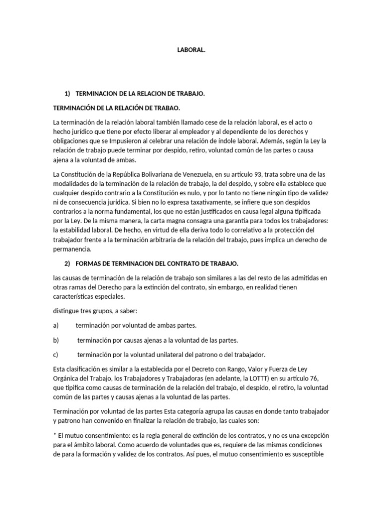 Causas de Terminación Laboral en Venezuela | PDF | Derecho laboral ...