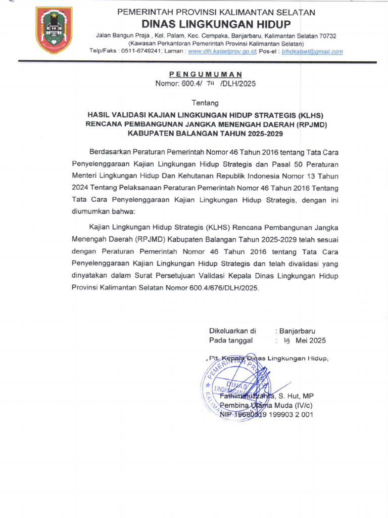 Pengumuman Hasil Validasi KLHS RPJMD Kab Balangan | PDF