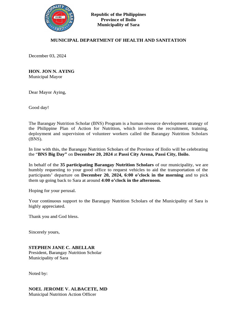 Letter of BNS Request For Vehicle | PDF