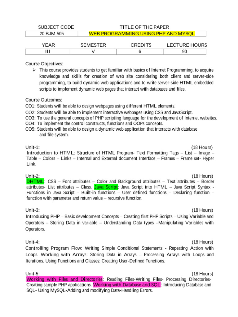 Syllabus-Web Prog Using PHP and MySQL | PDF