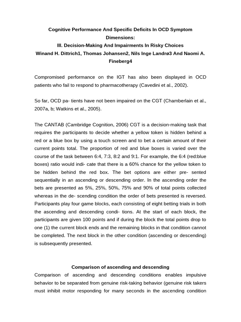 Cognitive Performance and Specific Deficits in OCD Symptom Dimensions ...