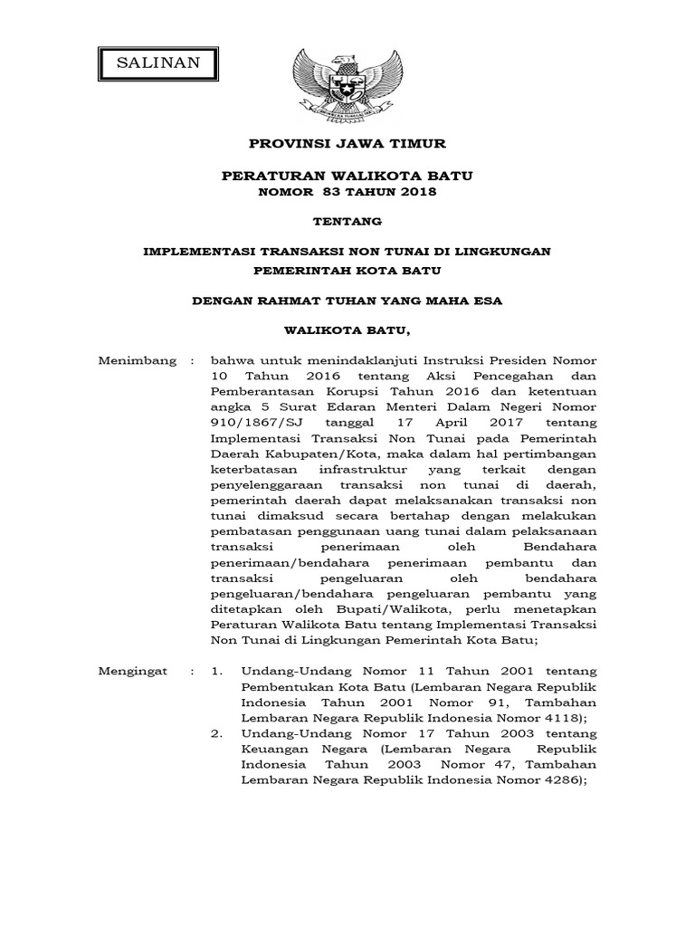 Perwali Transaksi Non Tunai | PDF