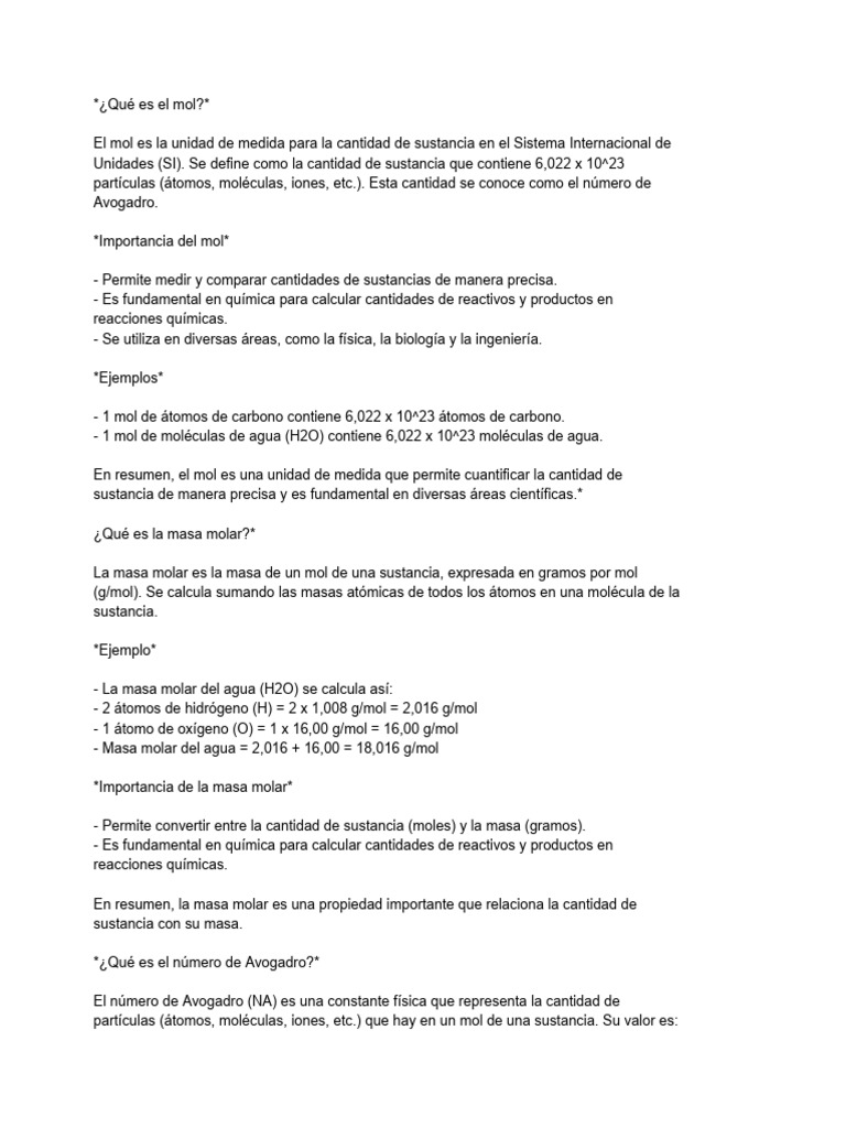 Definición y Uso del Mol en Química | PDF | Mole (Unidad) | Química