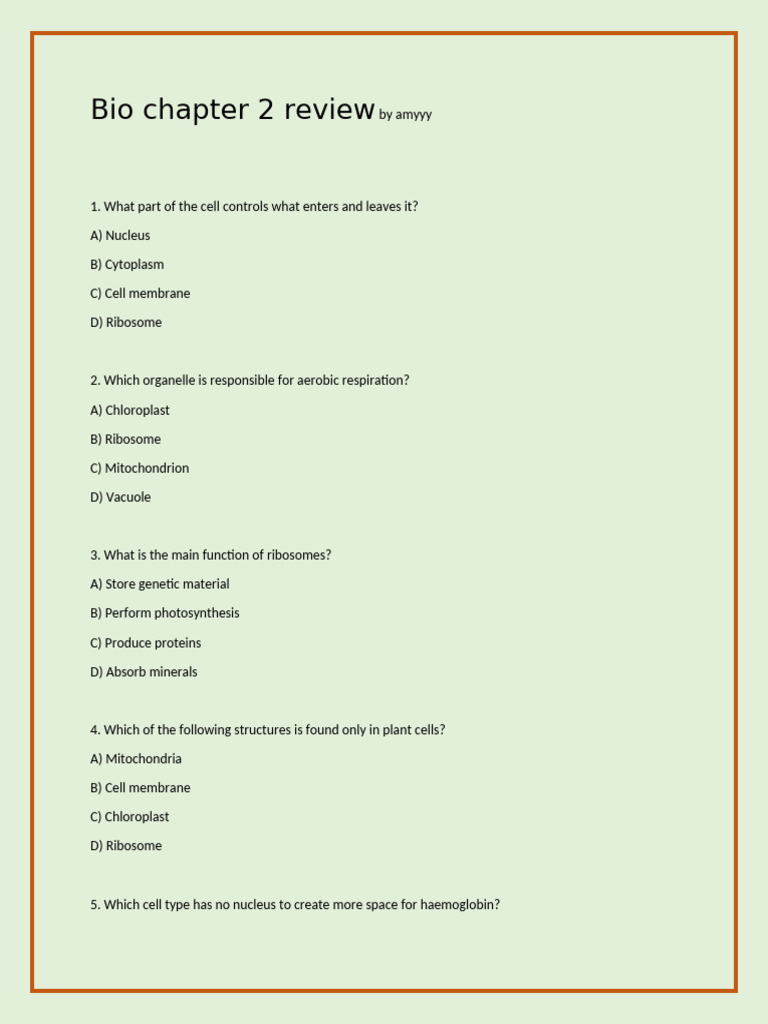 Bio Chapter 2 Review by Amyyy | PDF | Tissue (Biology) | Cell (Biology)