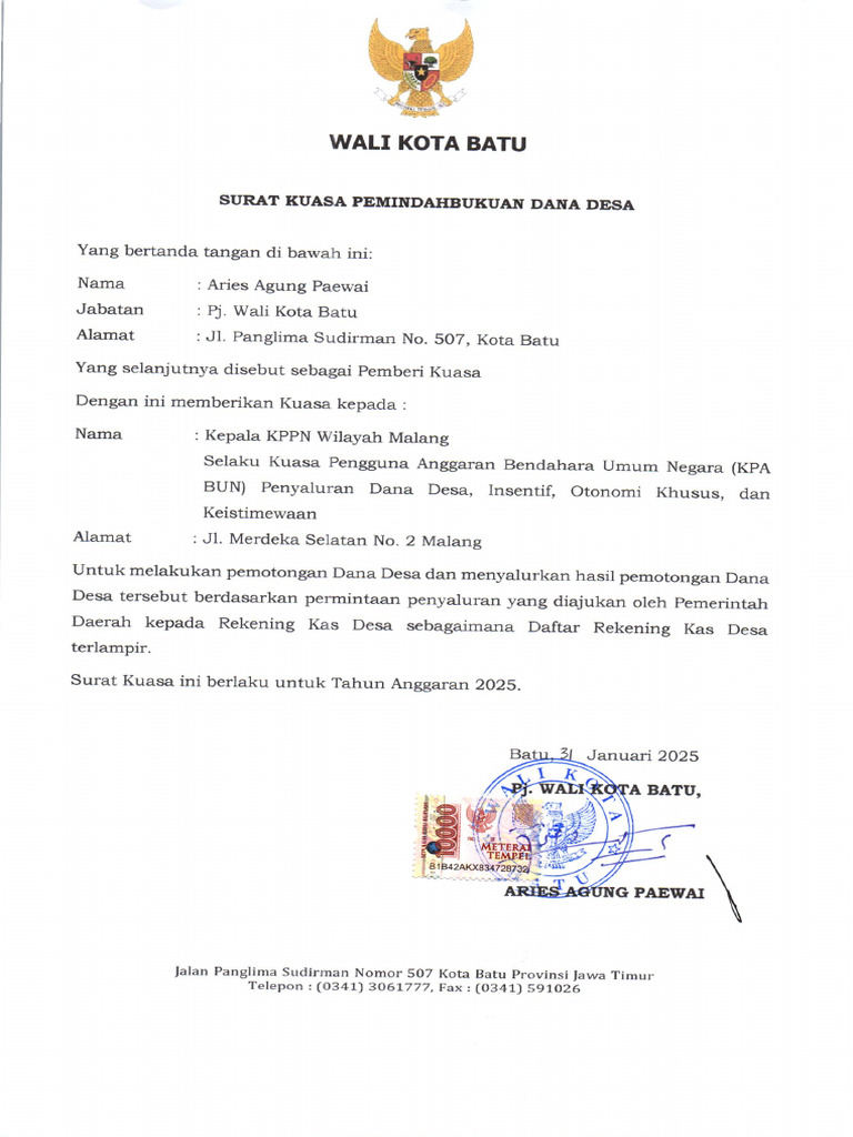 Surat Kuasa Walikota DD TA. 2025 | PDF