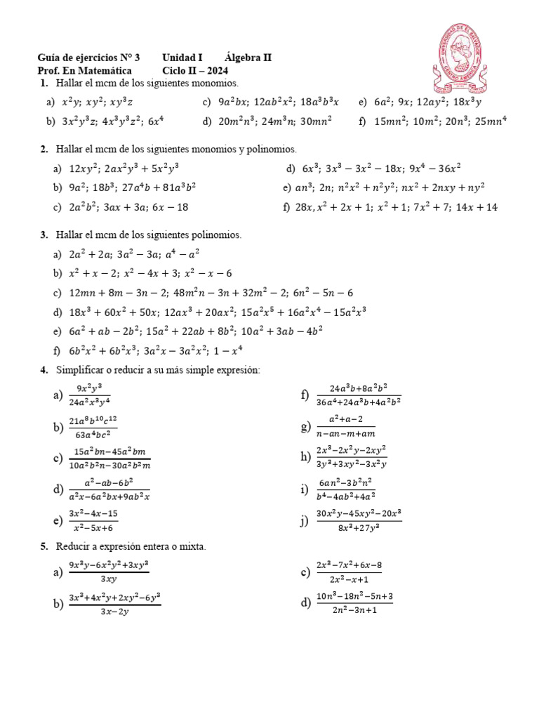 Gu-A de Ejercicios N-3 Unidad I (-Lgebra II) | PDF | Álgebra | Matemáticas