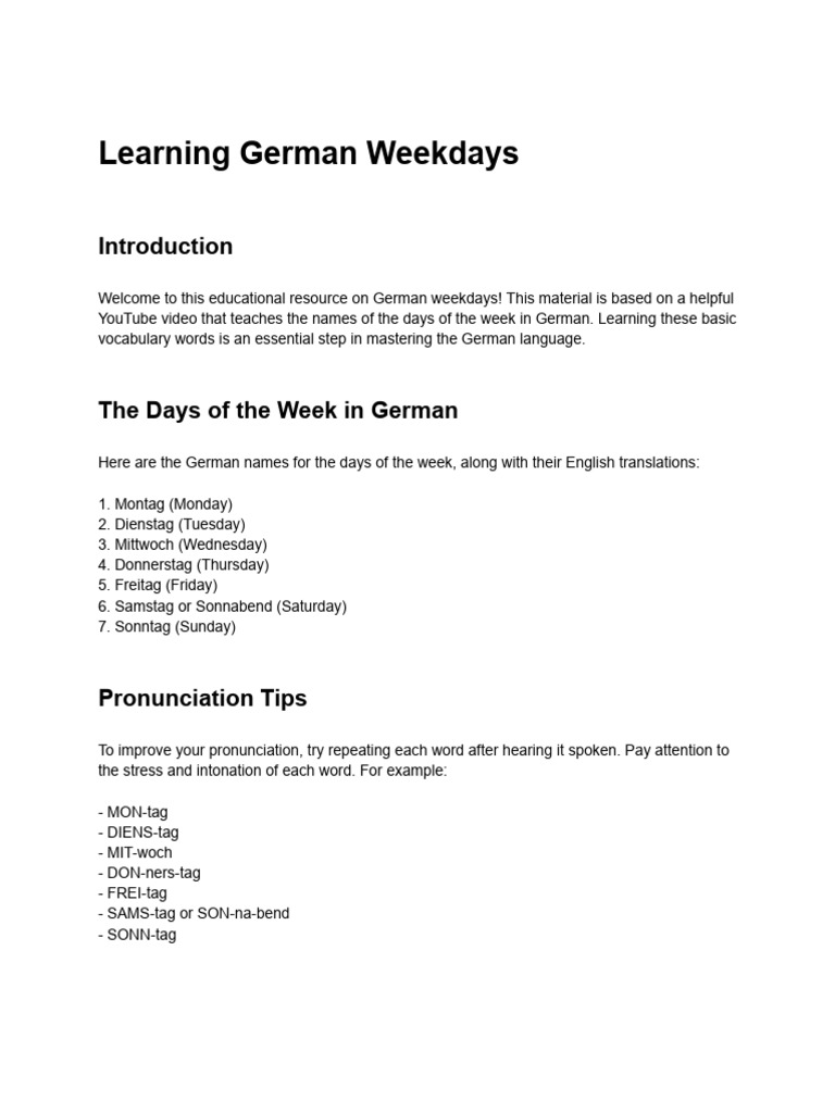 German Weekdays and Weekend Phrases | PDF | Workweek And Weekend | Grammar