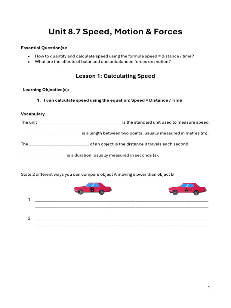 8.7 Speed Motion and Forces Student Note Packet | PDF | Speed | Force