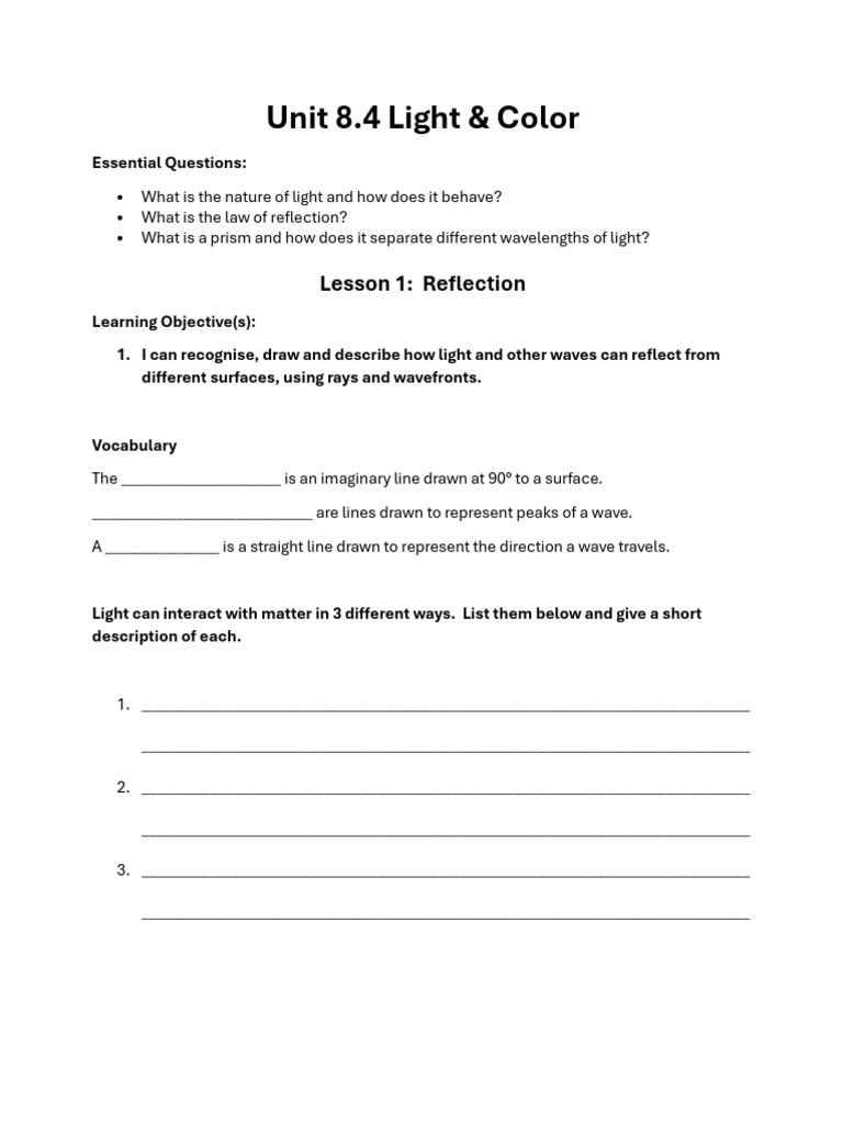 8.4 Light and Color Student Workbook | PDF | Telescope | Color