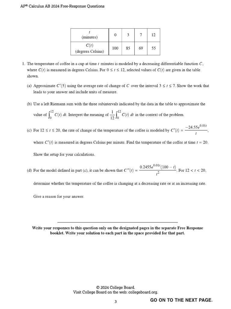 AP Calculus Ab Frq 2024 Questions Only | PDF