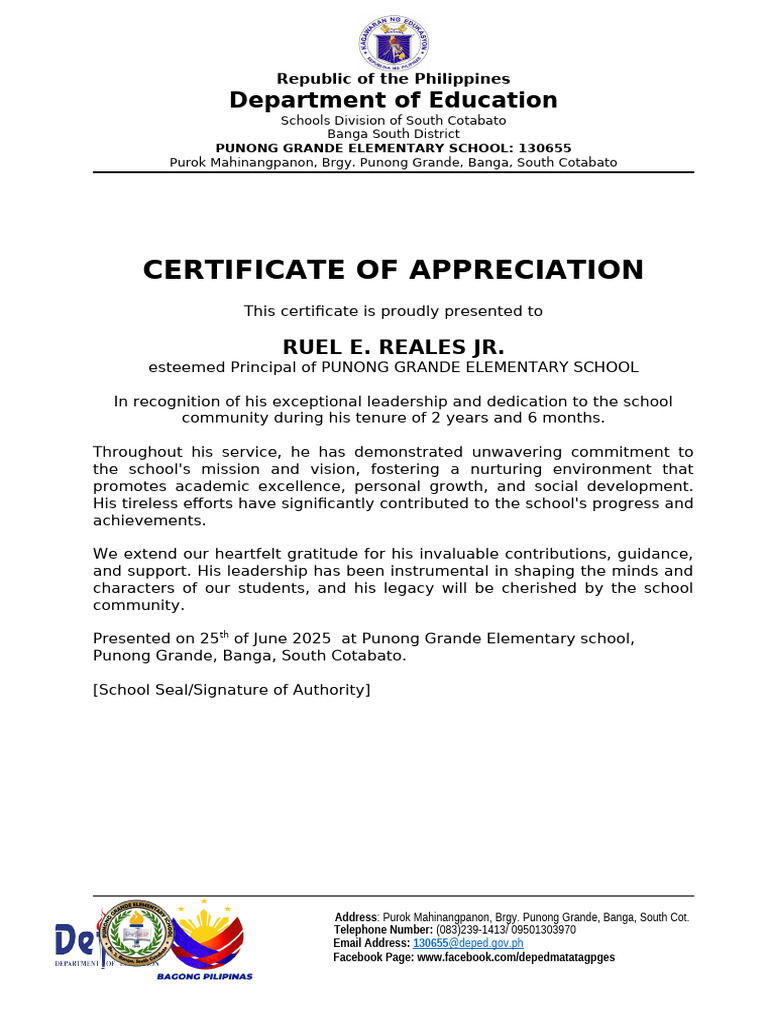 Cert of Appreciation For Sir Ruel | PDF