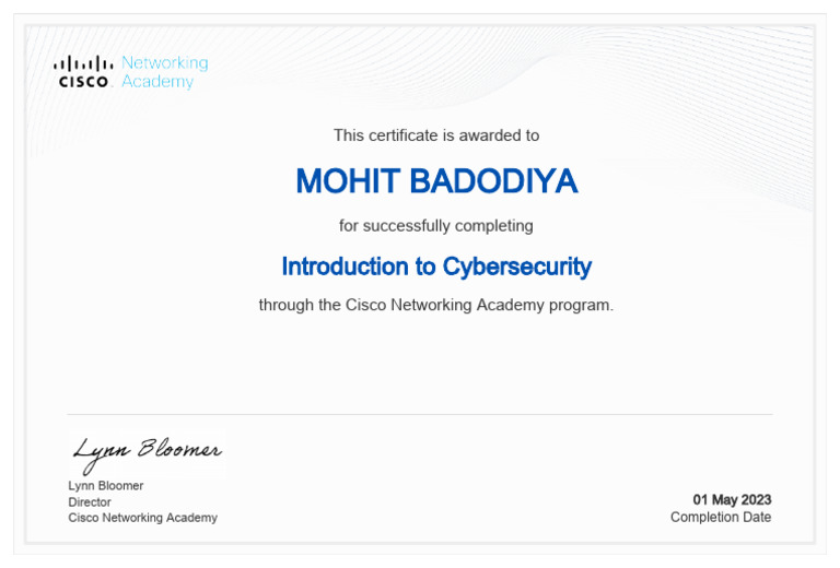 Introduction To Cybersecurity Certificate Mohitbadodiya1717 Gmail Com ...