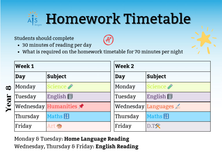 Homework Timetable Year 8 | PDF