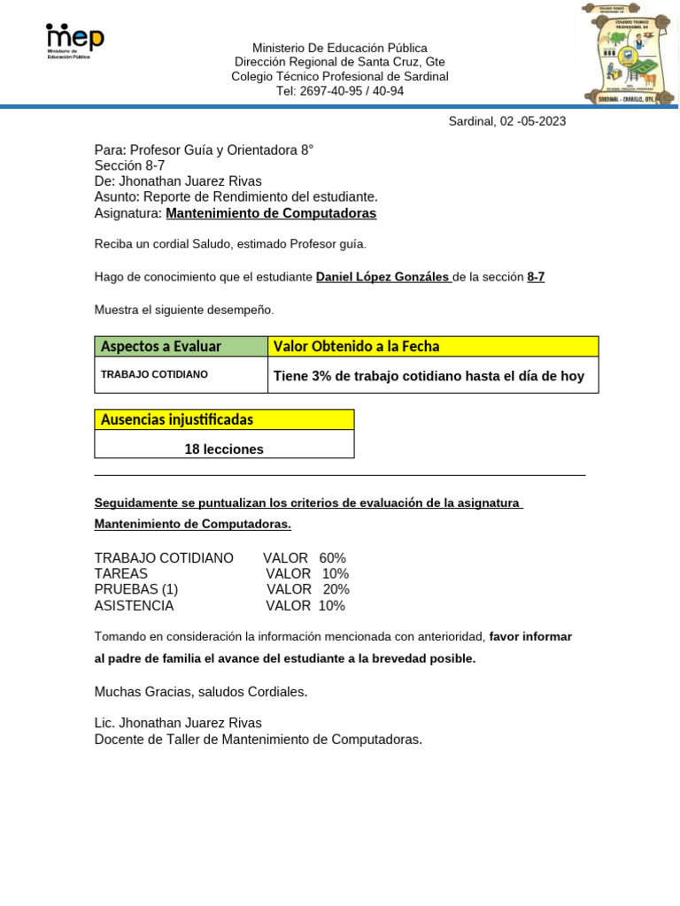 Reporte de Seguimento de Estudiante Daniel Lopez Gonzales | PDF