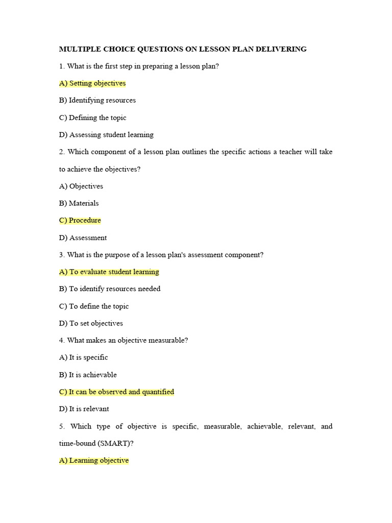 MCQs on Effective Lesson Planning | PDF | Lesson Plan | Teachers