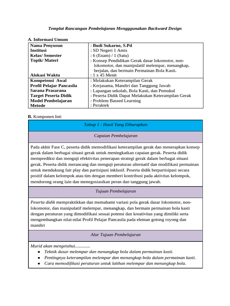 Modul Ajar Backward Design Permainan Kasti (BUDI SUKARNO) | PDF