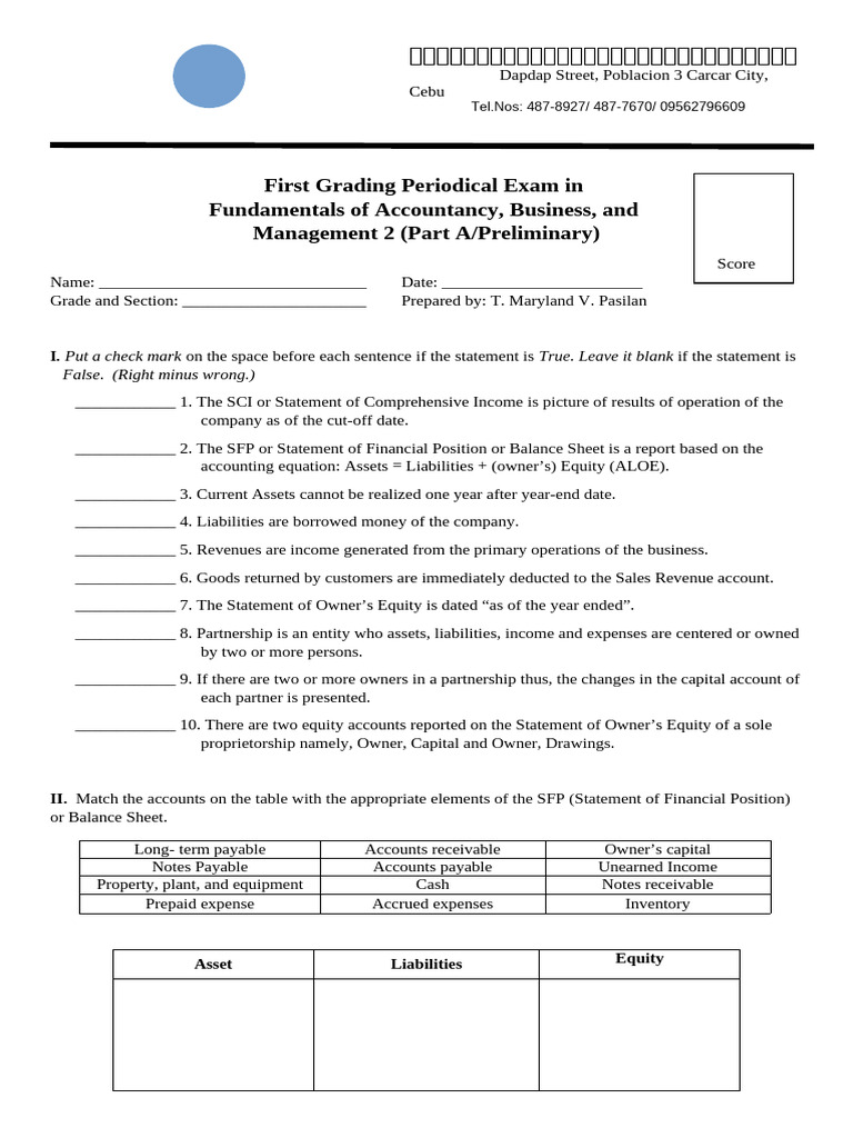 First Grading Periodical Exam in ABM 12 | PDF | Balance Sheet | Equity ...