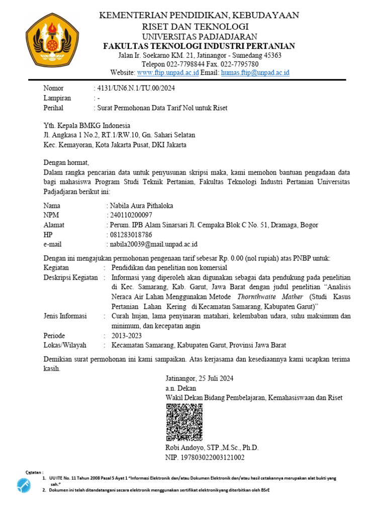 Surat Permohonan Data BMKG Indonesia A.N Nabila Aura Pithaloka | PDF